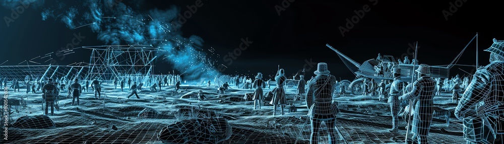 Historic battle scene mesh wireframe, depicting soldiers, artillery ...
