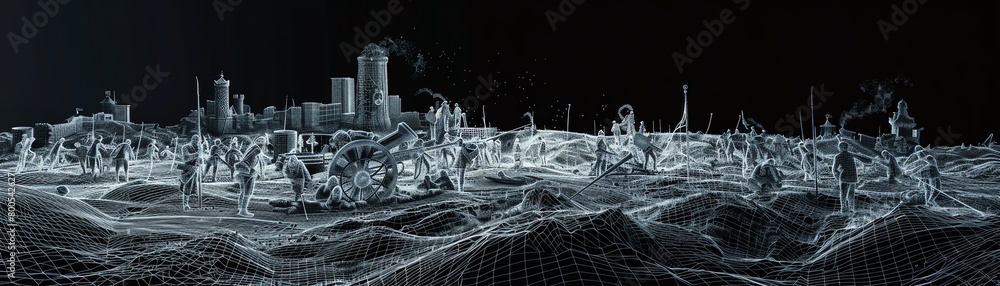 Historic battle scene mesh wireframe, depicting soldiers, artillery ...