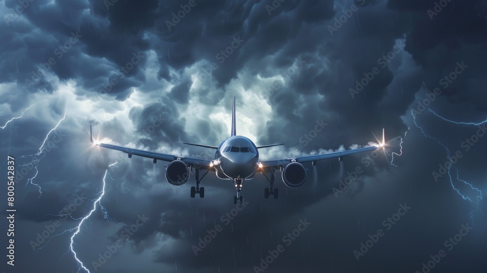 A commercial airliner flying through a dramatic storm cloud ...