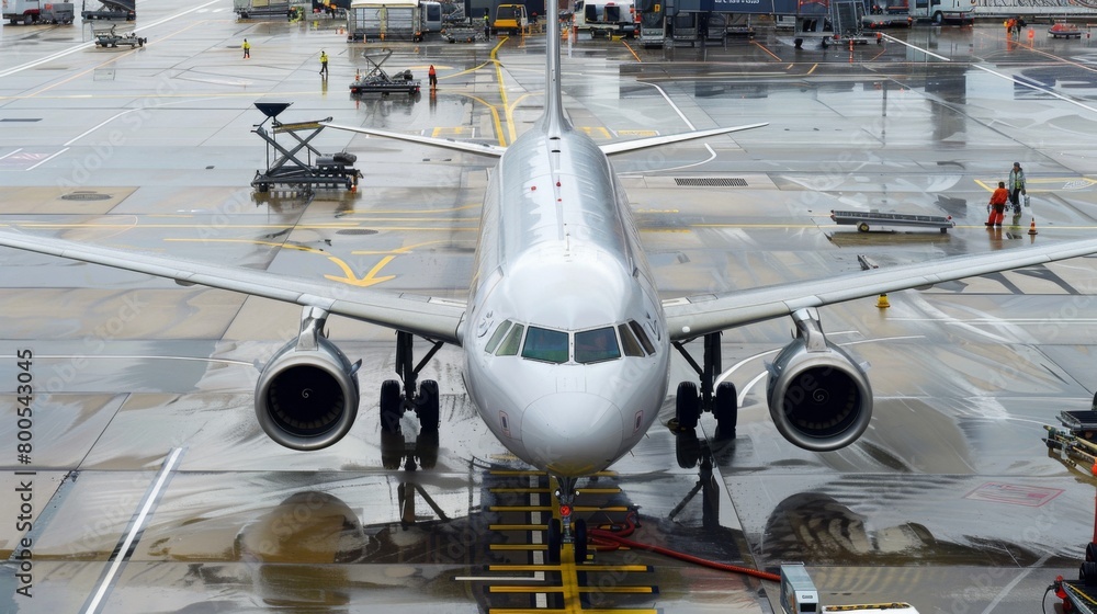 A commercial airliner parked at the gate with ground crew performing ...
