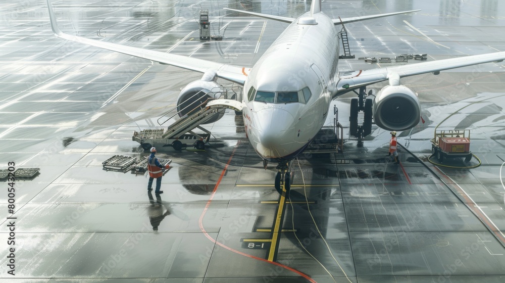 A commercial airliner parked at the gate with ground crew performing ...