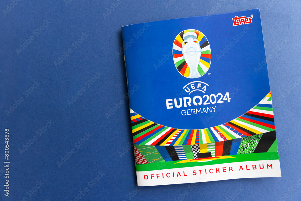 LONDON, UK - April 2024: Oficcial UEFA Euro 2024 football sticker album ...