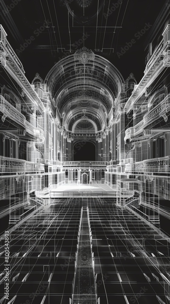 Mesh wireframe of a grand opera house, detailing auditorium, stage, and ...