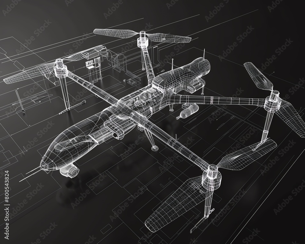 Mesh wireframe of a large commercial drone, including payload and ...