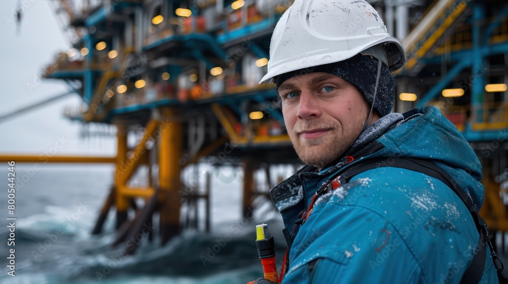 A worker with safety equipment stands in front of a seascape with an ...