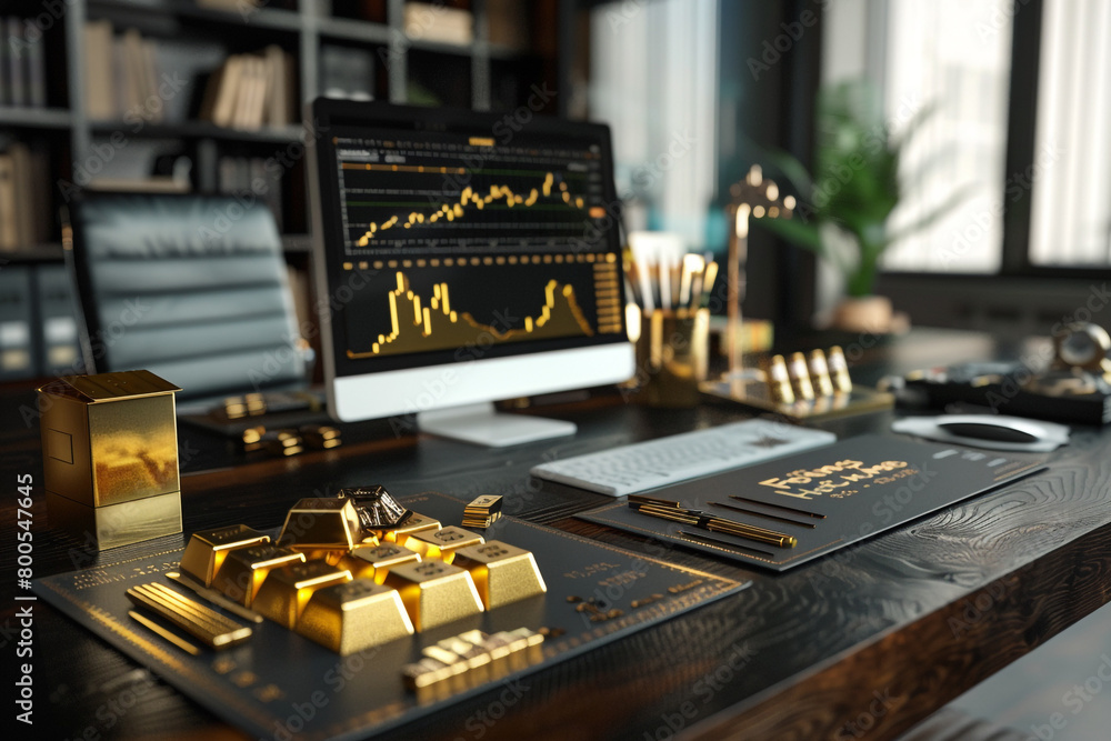 3D model of a financial analysts desk with gold bars charts Stock ...