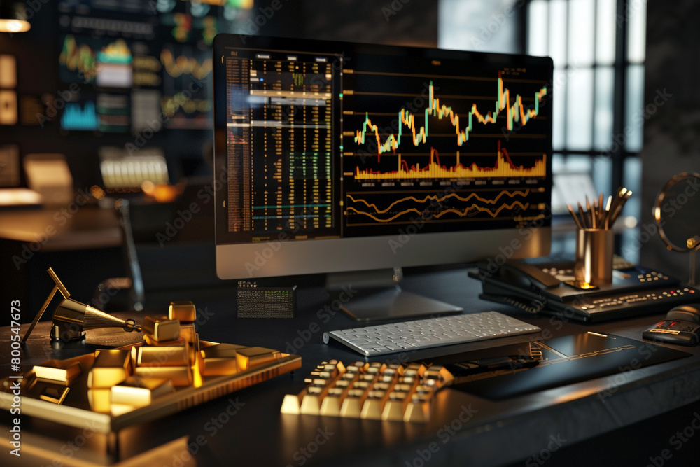 3D model of a financial analysts desk with gold bars charts Stock ...
