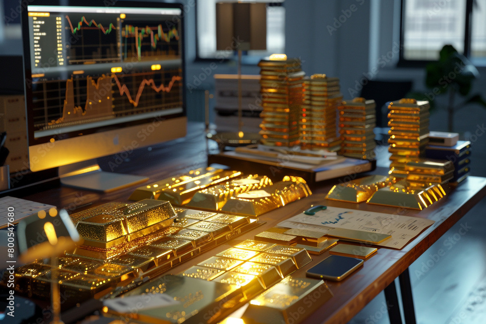 3D model of a financial analysts desk with gold bars charts Stock ...