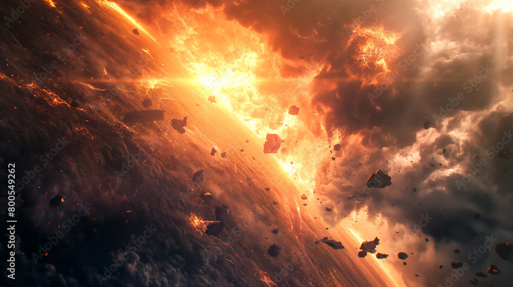 Cinematic scene, nuclear explosion viewed from a safe distance, chaotic ...