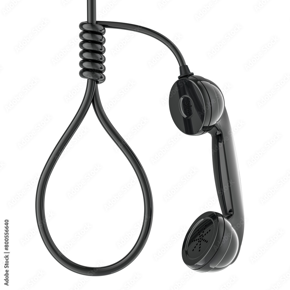 Crisis hotline, concept. Noose, hangmans knot from cable of telephone ...
