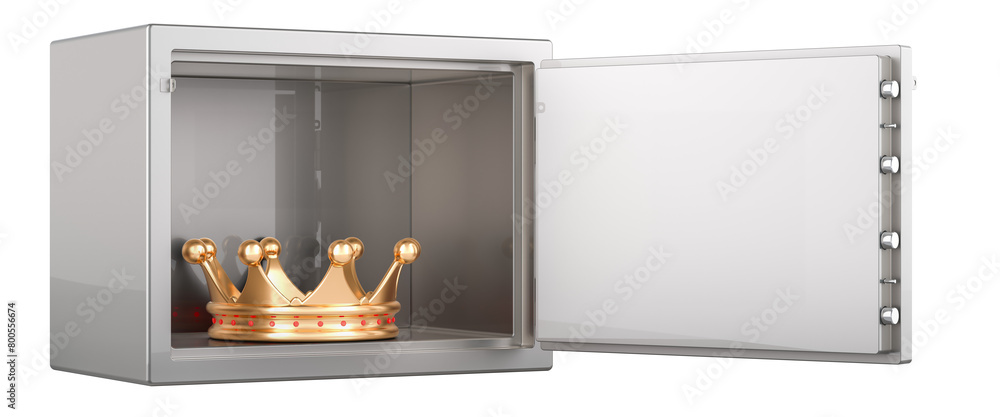 Golden Crown inside safe box with combination lock, 3D rendering ...
