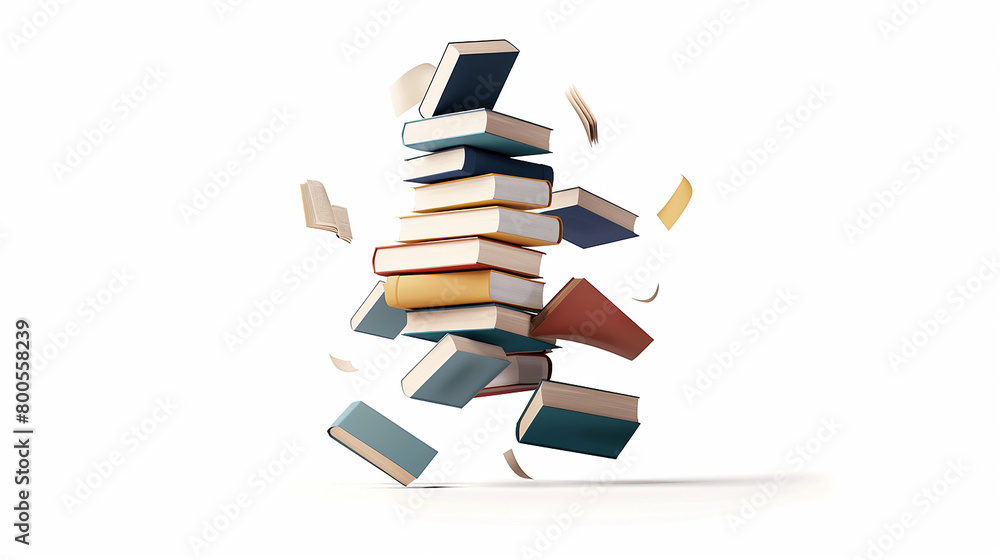 The illustration features a white background with 3 or 4 books arranged ...