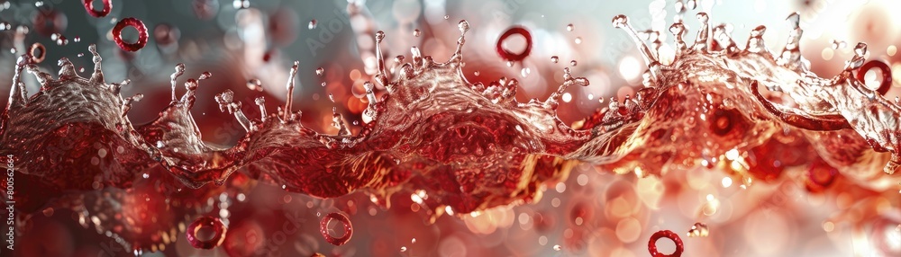 Dynamic blood cells flowing through a stylized artery, rich red and ...