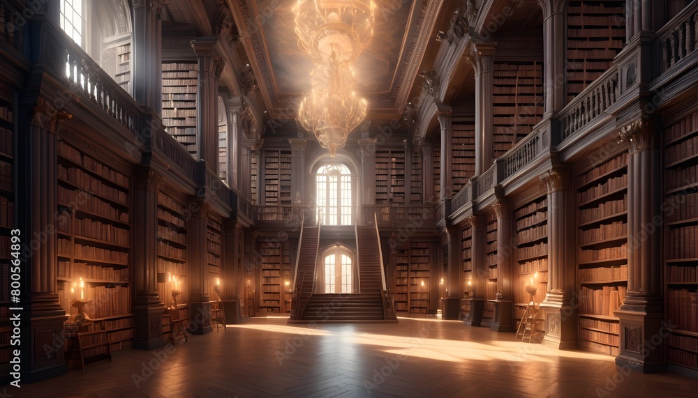 Highly Detailed Illustration Of A Grand Library With Floor To Ceiling Bookshelves Ornate Ladders ...