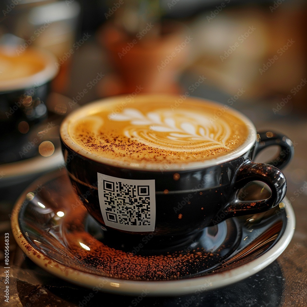 Coffee cup with a QR code for crypto payment on the saucer, innovative ...