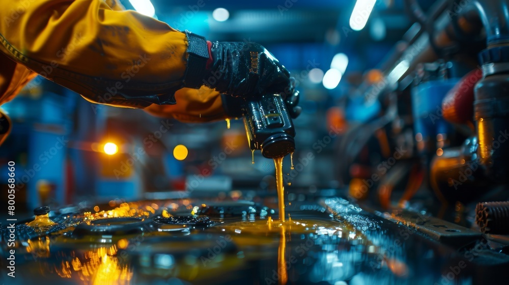 A technician performing an oil change on a car, draining old oil and ...