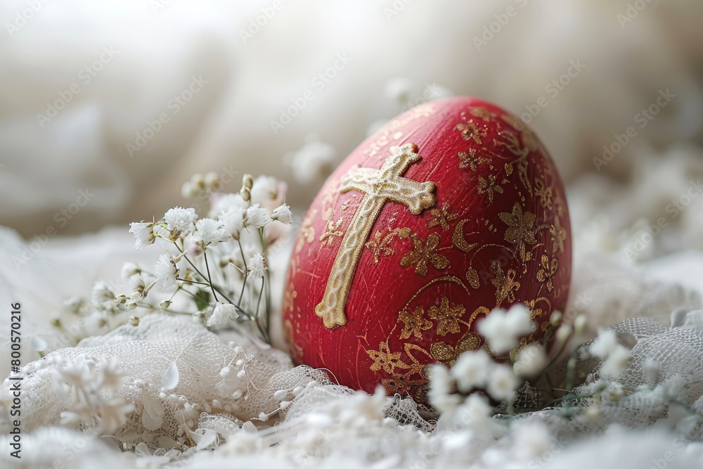 Easter red egg with a cross and a floral pattern in a Christian theme ...