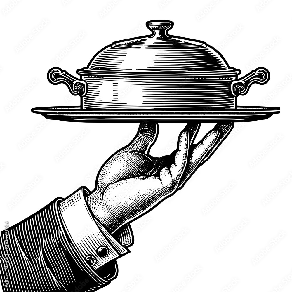 gloved hand delicately presenting covered serving dish, evoking themes ...