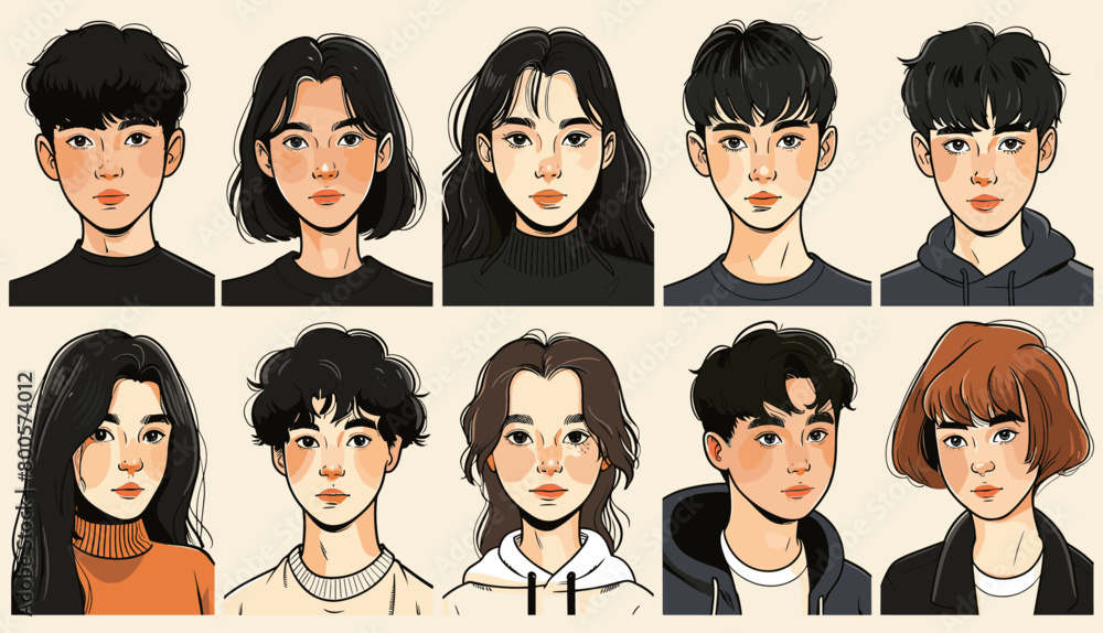 Hand drawn trendy Vector illustration of Portraits of Teenage boys and ...