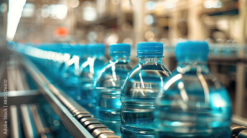 The new plastic bottles in the conveyor belt at the water drinking ...