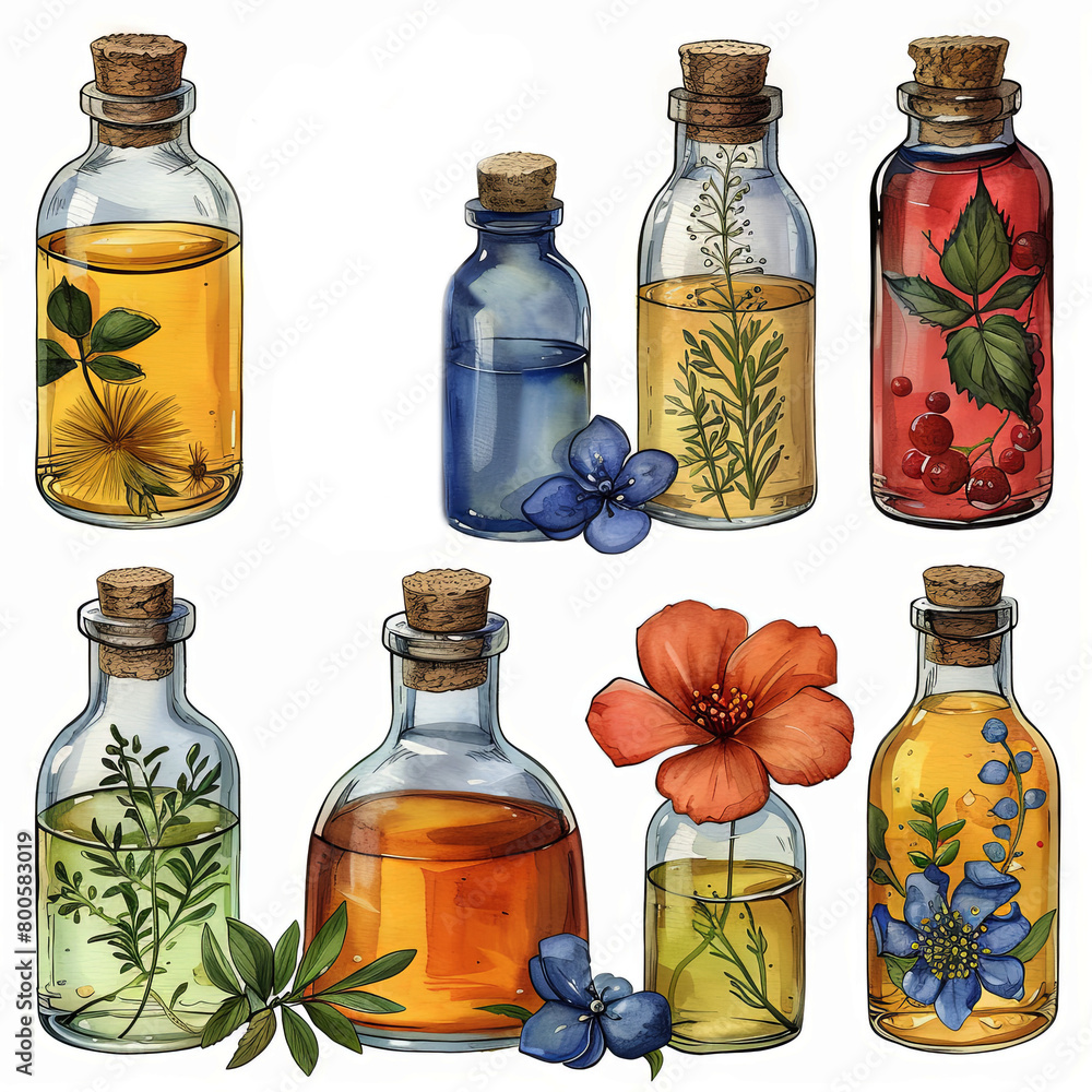Collection of watercolor clipart: essential oil bottles with intricate ...