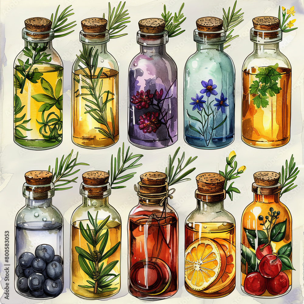 Watercolor clipart set featuring essential oil bottles with chic ...