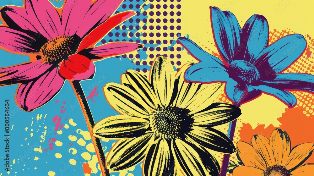 A collection of wildflowers in a dynamic pop art aesthetic with a retro ...