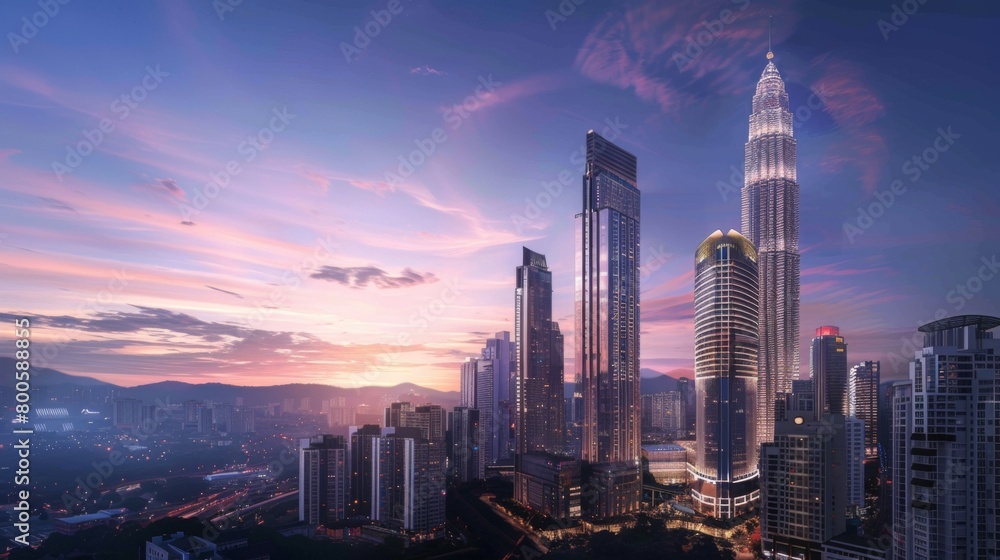 An iconic landmark skyscraper towering above the city skyline, serving ...