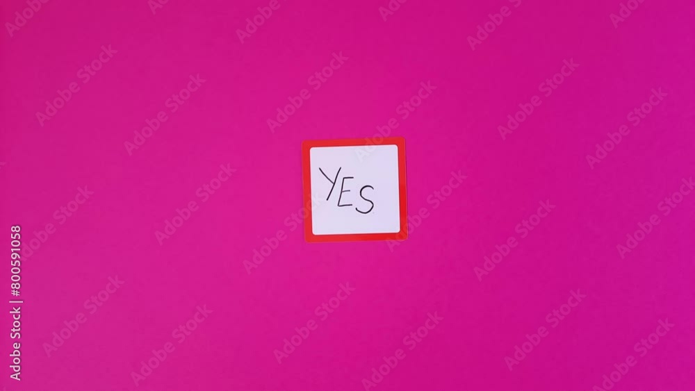 Words YES NO and question mark appear in turn on a square sticky note ...