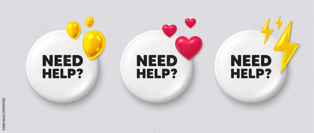 Need help tag. White buttons with 3d icons. Support service sign. Faq ...