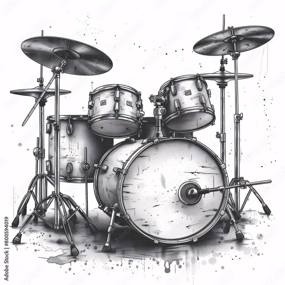 Monochrome Drum Kit Illustration Stylized Drum Set Artwork Abstract Drum Ensemble Graphic Drum ...