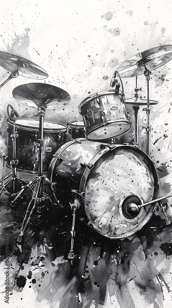 Monochrome Drum Kit Illustration Stylized Drum Set Artwork Abstract ...