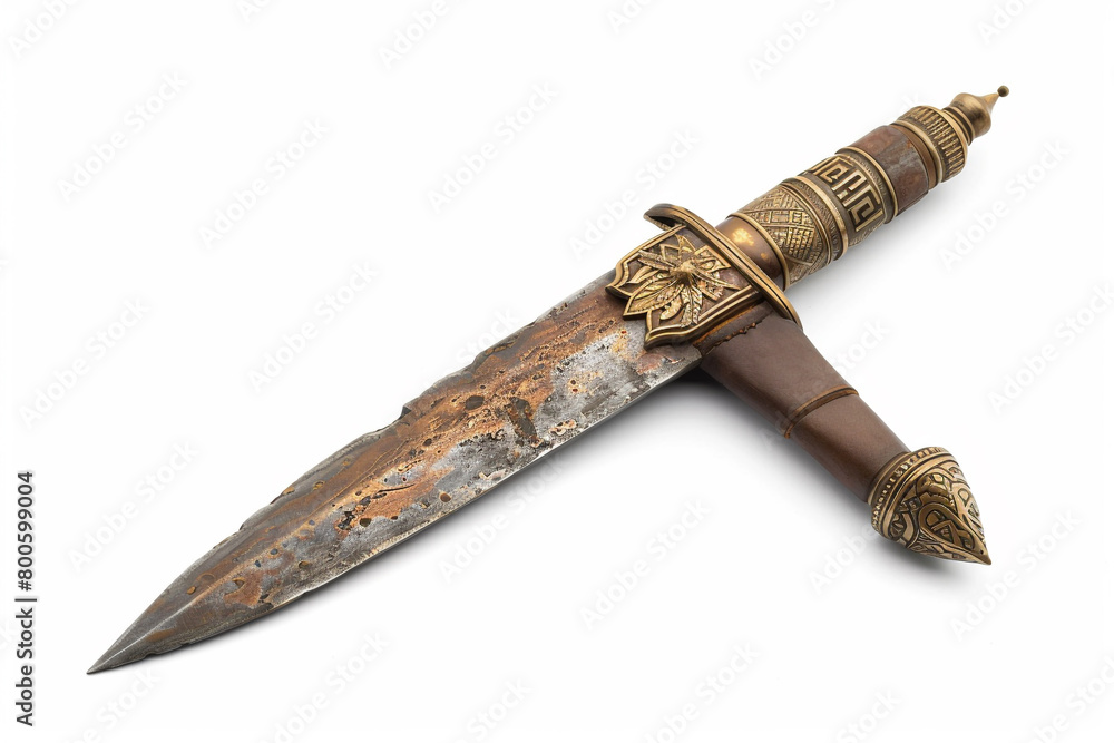 Ancient warrior's dagger with a bronze blade, embedded with ancient ...