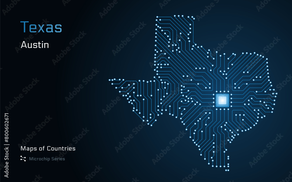 Texas State Map with a capital of Austin Shown in a Microchip Pattern ...