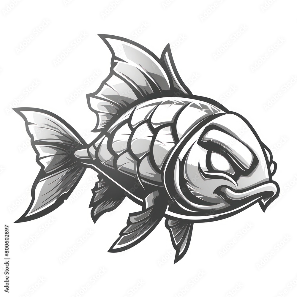 Artistic grey scale illustration of a fish with prominent fins and ...