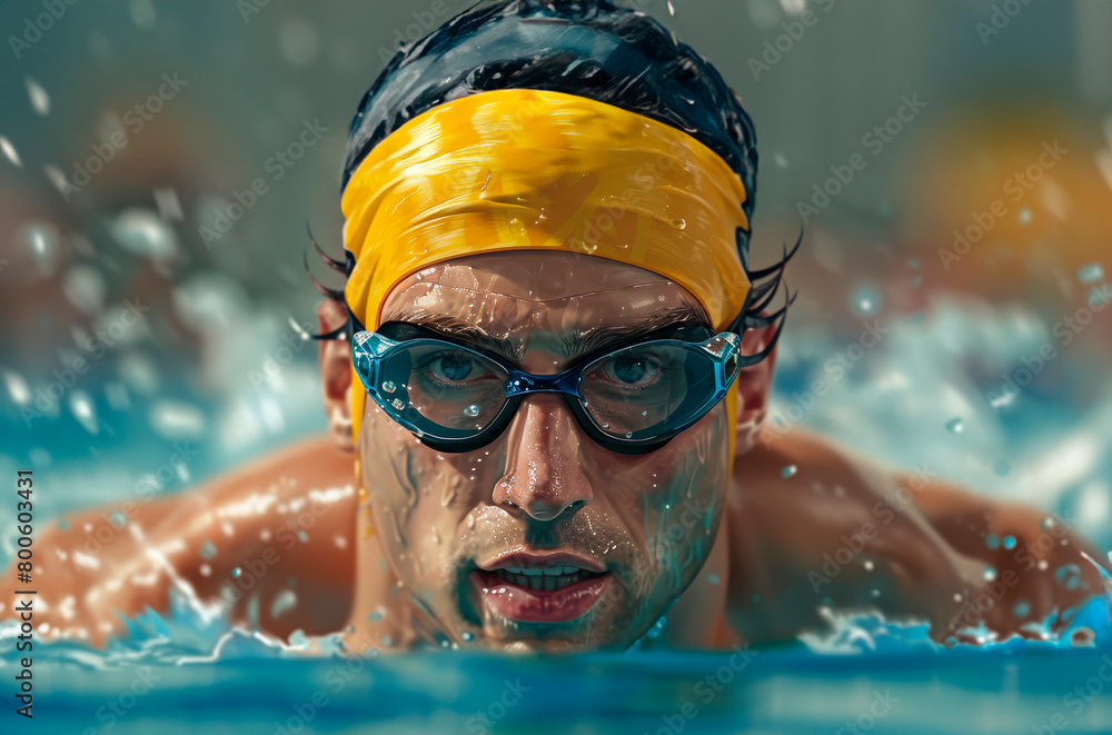 Professional swimmer in a cap and water goggles. Close-up of a face in ...
