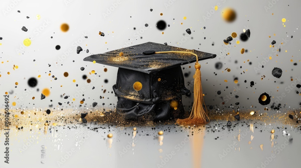 Greeting or banner design with a graduation word with a gold graduation ...