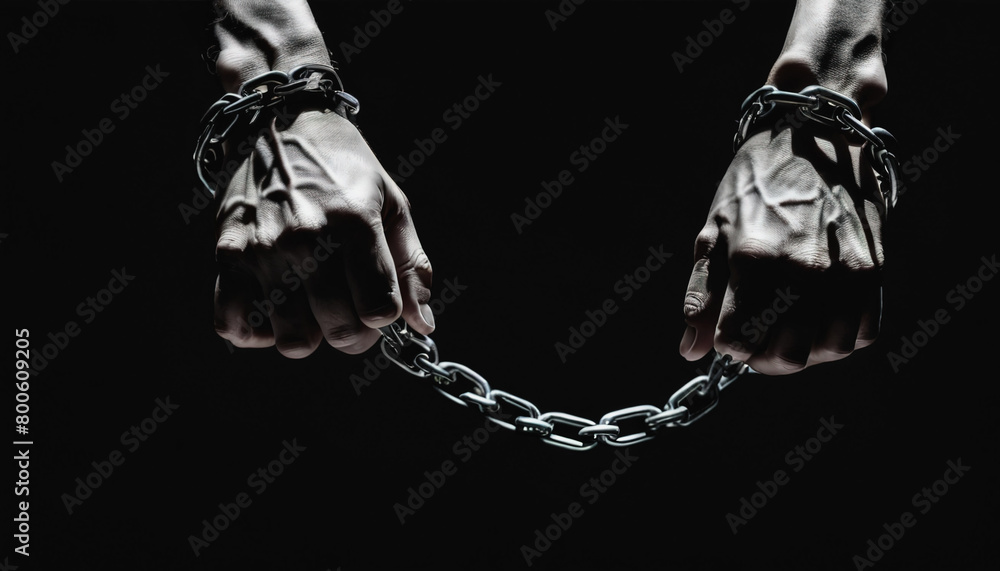 World Day against Human Trafficking. A man with chained hands. The ...