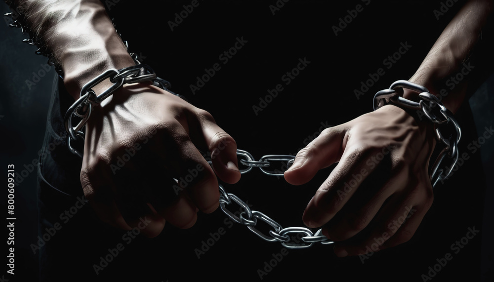 World Day against Human Trafficking. A man with chained hands. The ...