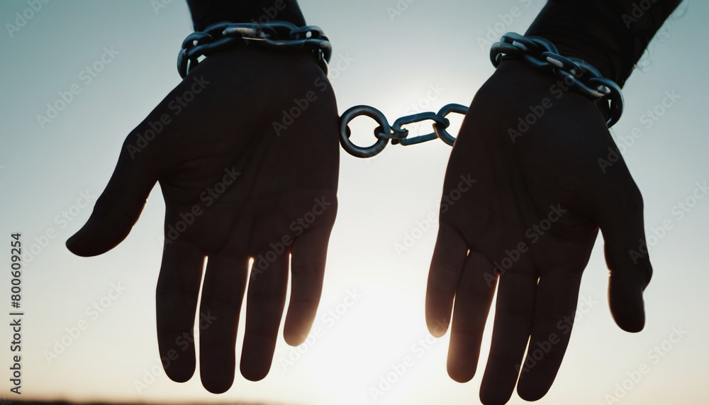 World Day against Human Trafficking. A man with chained hands. The ...