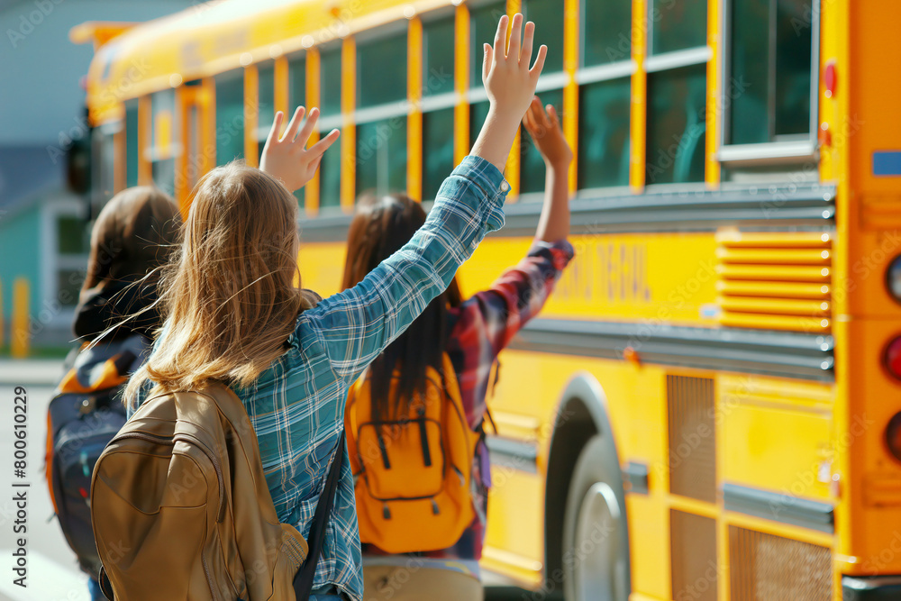Students wave after the school bus. end of the school year, holidays ...