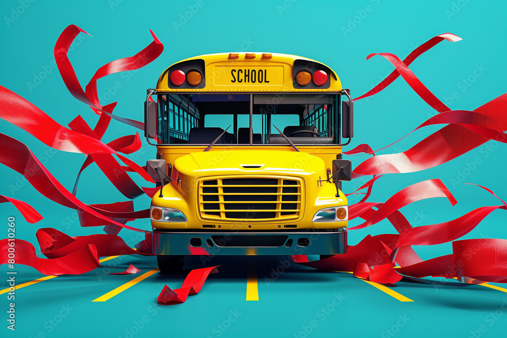 Yellow school bus crossing the finish lines, a symbol of the end of the ...