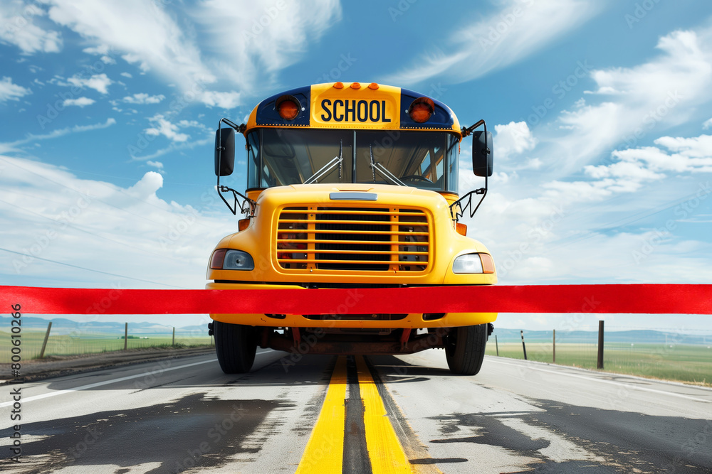 Yellow school bus crossing the finish line, a symbol of the end of the ...