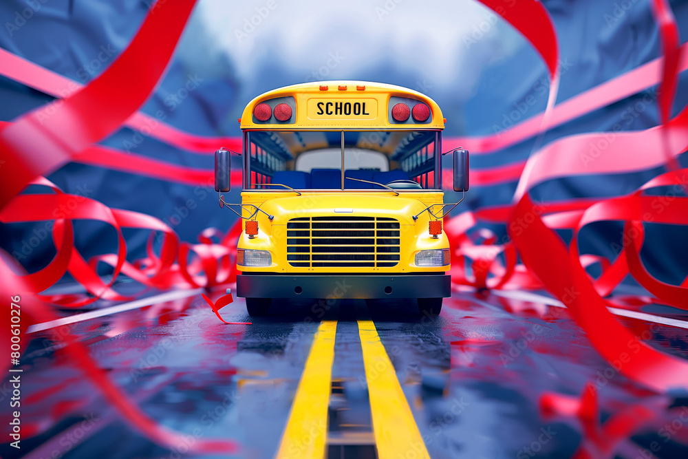 Yellow school bus crossing the finish lines, a symbol of the end of the ...