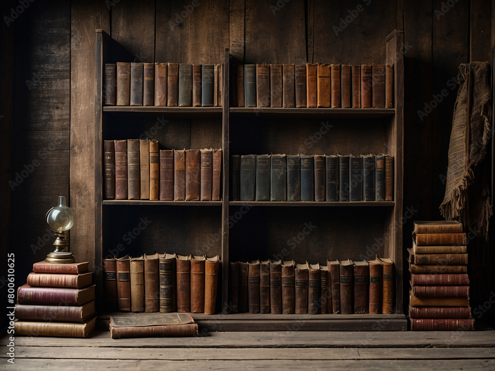 Old library with old classic books, wooden shelves and wall, old school ...