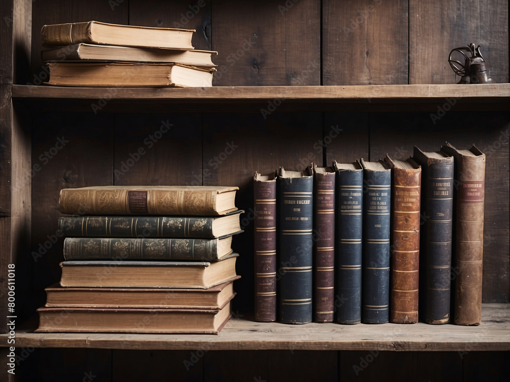 Old library with old classic books, wooden shelves and wall, old school ...