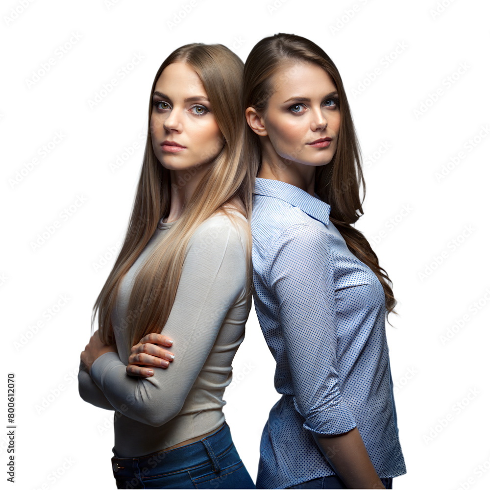 Two friends stand with their backs touching each other on a transparent ...