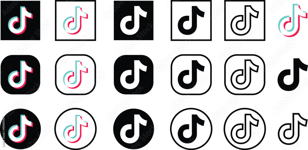 Tik Tok icon set. Social media logos. Black collection in flat trendy ...