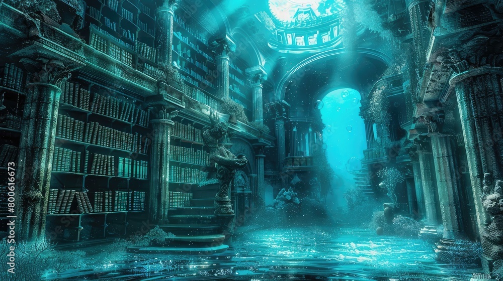 fantasy underwater deep ocean mysterious antiquity library background ...