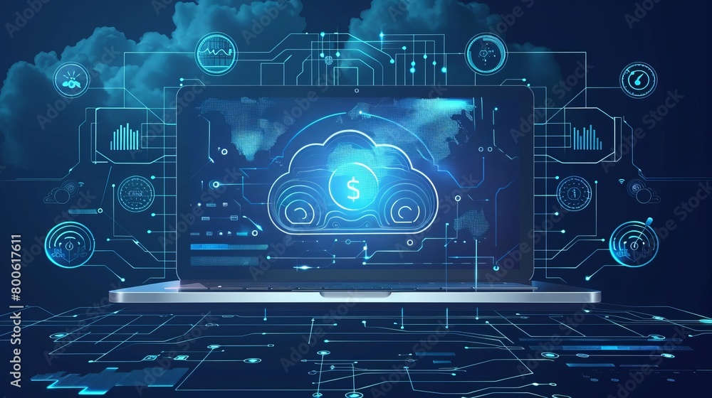 Futuristic Cloud Computing and Network Interface on Laptop Screen. A modern laptop displaying a ...